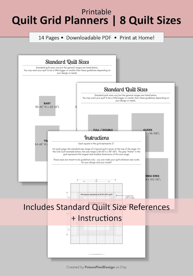 Printable Quilt Grid Planner for 8 Quilt Sizes | Quilt Graph Paper ...