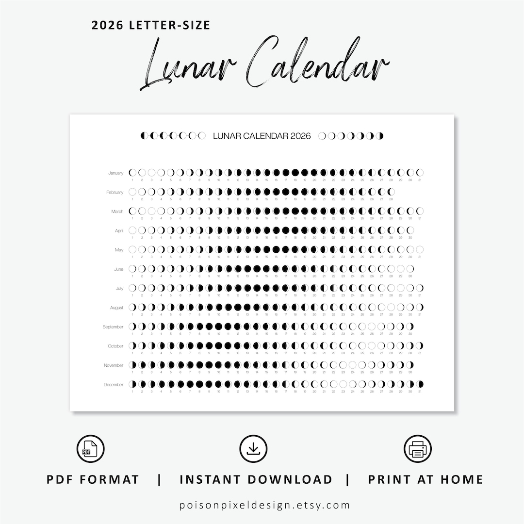 2026 Printable Lunar Calendar | Moon Phase Calendar | Letter-size PDF ...