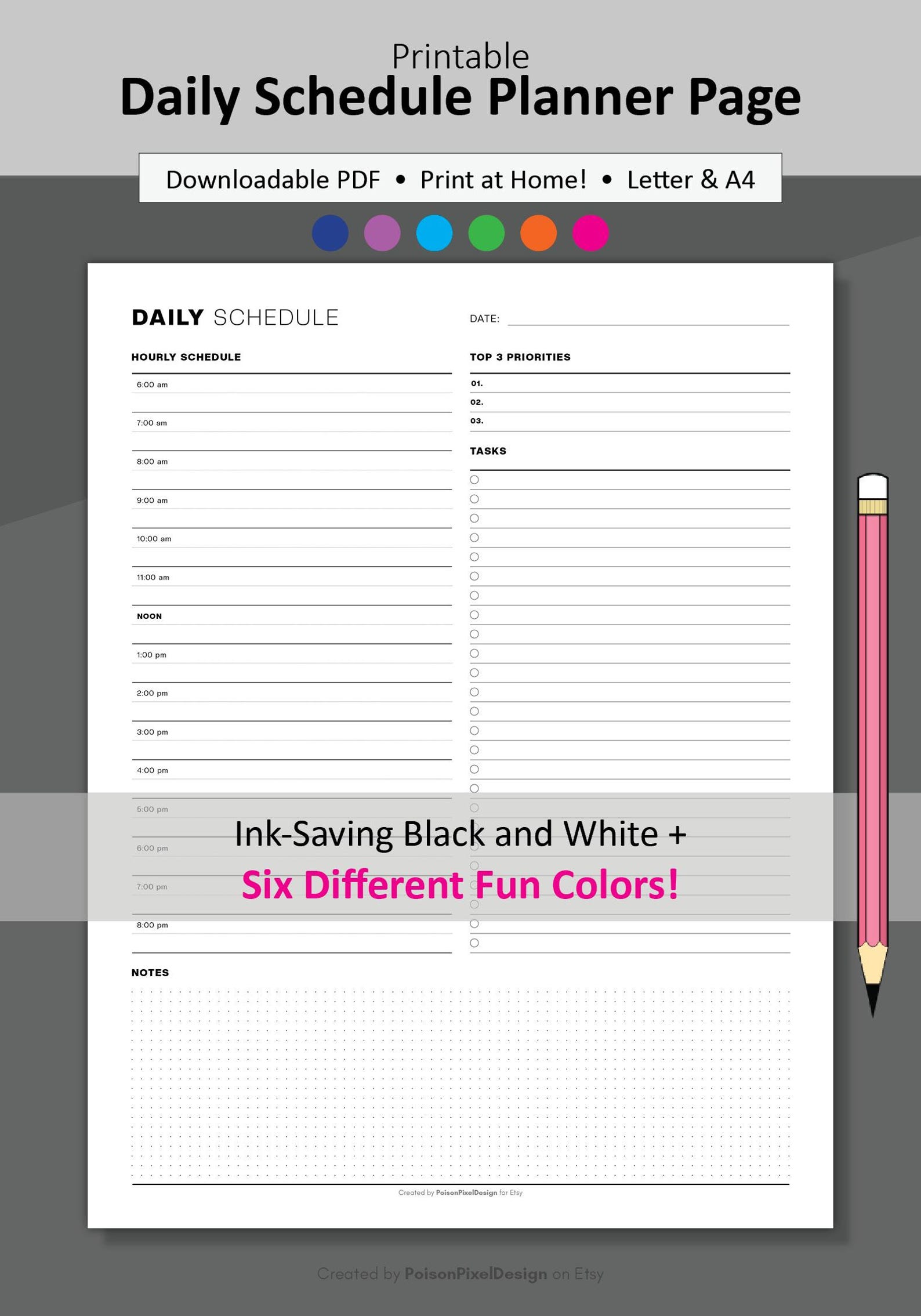 Printable Colorful Daily Schedule Planner Page, 6 Colors + BW | Hourly ...