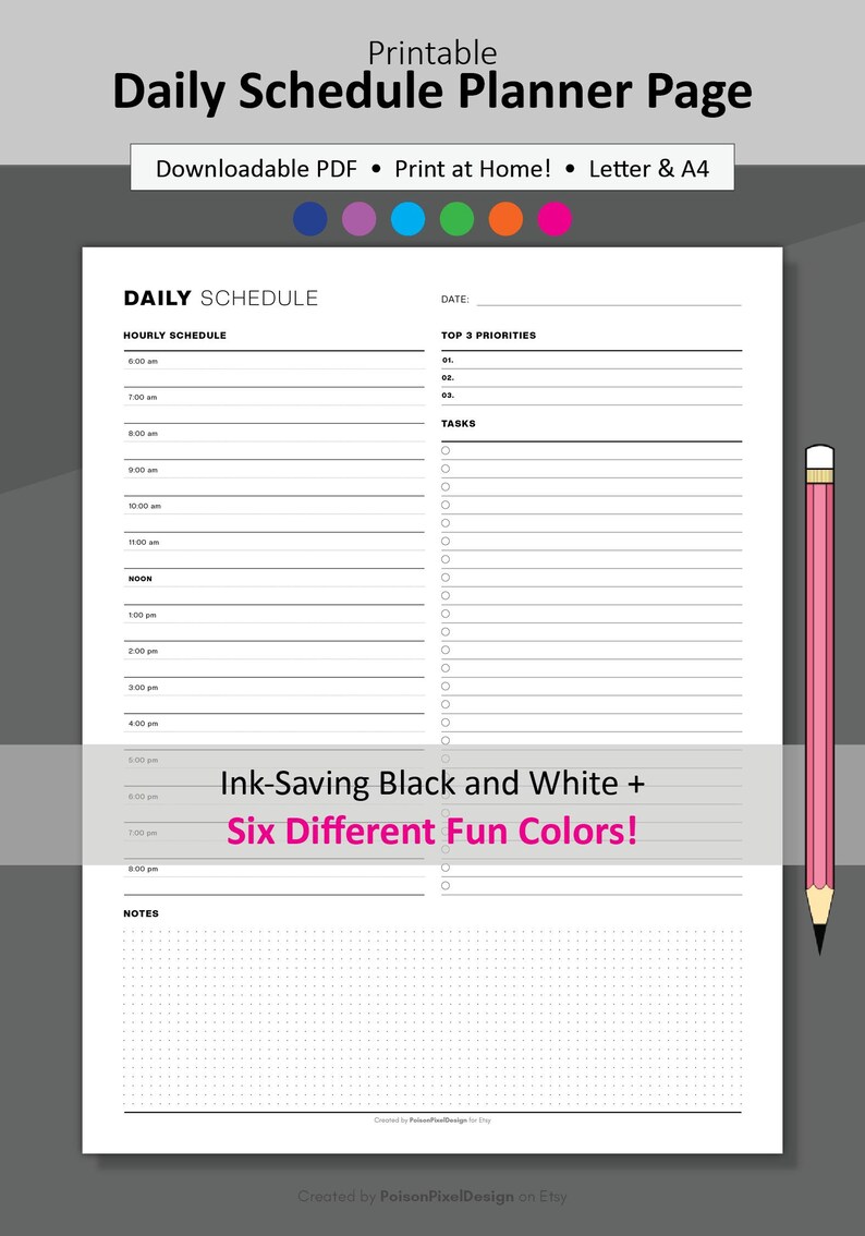 Printable Colorful Daily Schedule Planner Page, 6 Colors + BW | Hourly ...