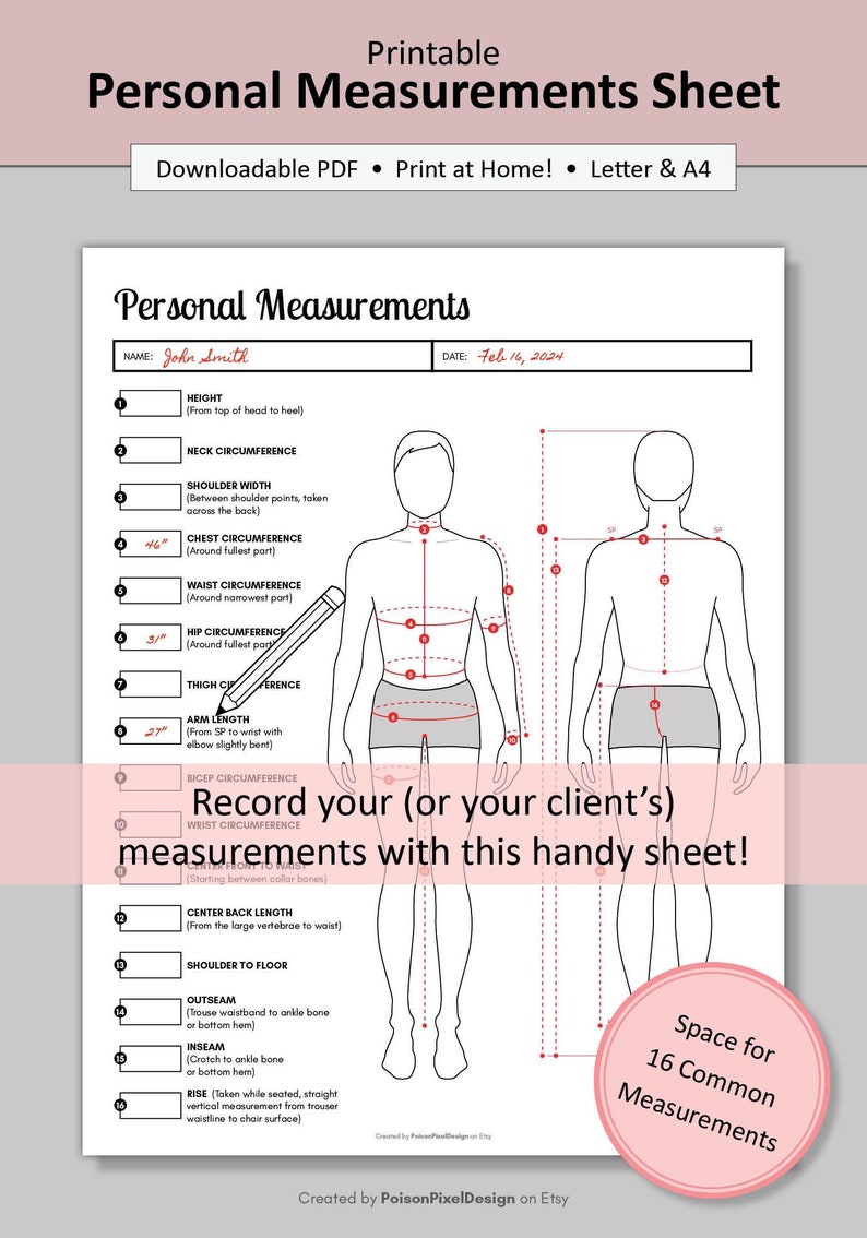 Printable Sewing Personal Measurements Sheet for Men | Body Measurement ...