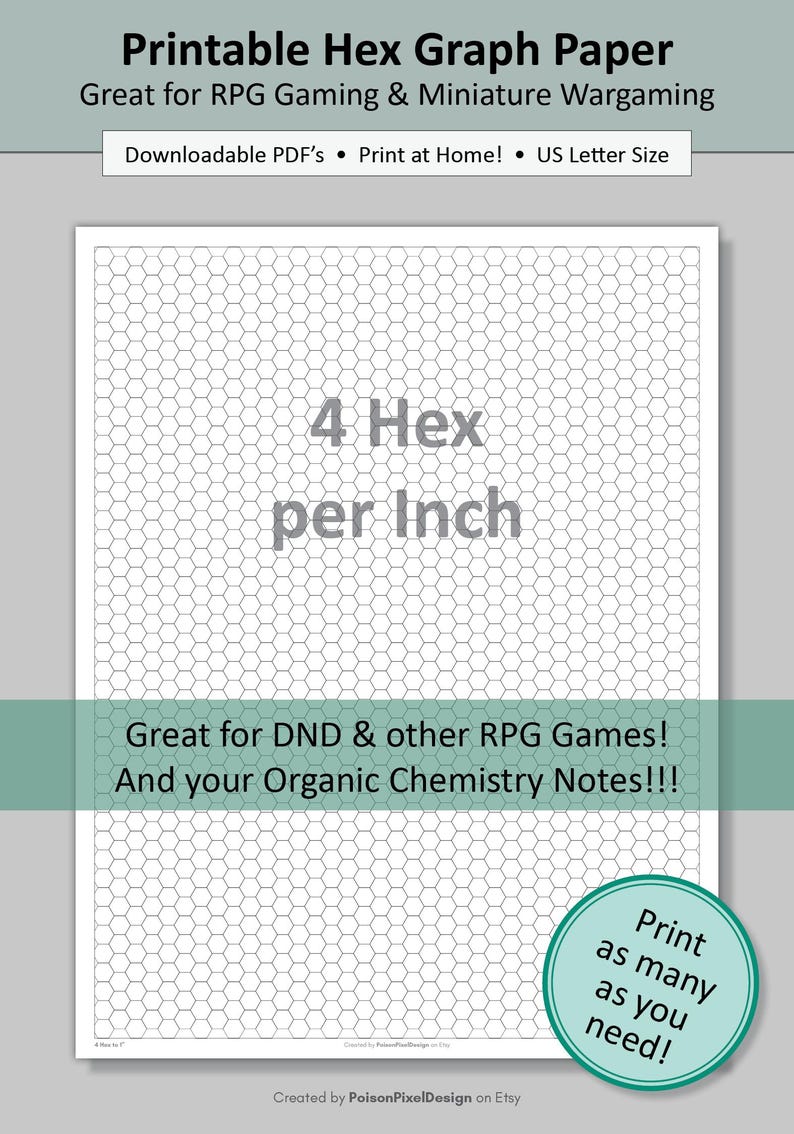 Printable HEX Grid Paper: Dnd, RPG, Wargaming, Quilting, Game Design ...