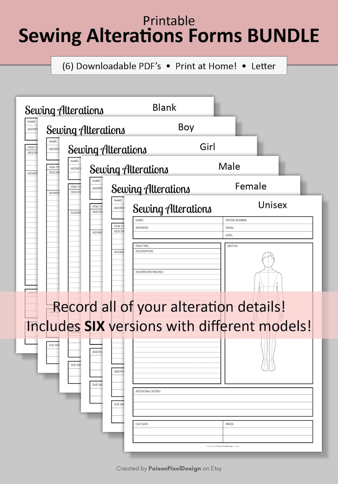 Printable Sewing Alterations Forms BUNDLE, Six Versions Included ...