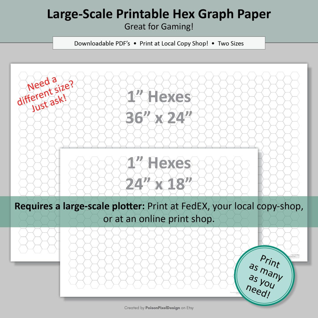 Large Scale Printable Hexagonal Graph Paper, 2 Sizes | Hex Grid Paper ...