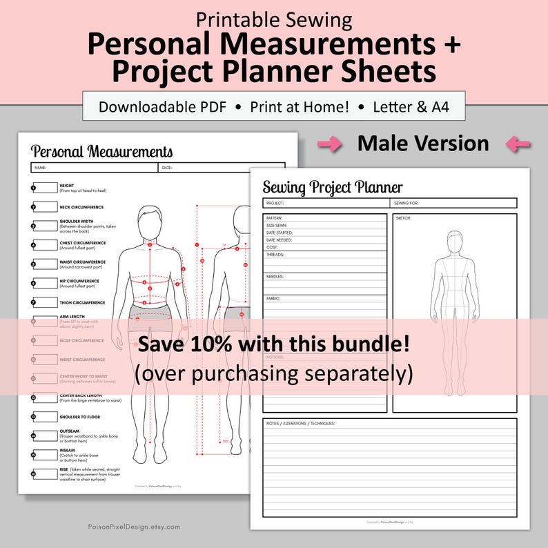 Printable Sewing Personal Measurements + Project Planner Sheet BUNDLE ...