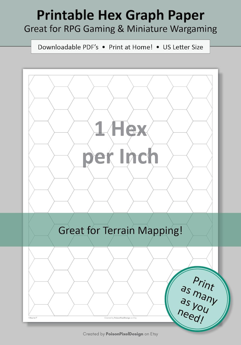 Printable HEX Grid Paper: Dnd, RPG, Wargaming, Quilting, Game Design (digital PDF Download ...