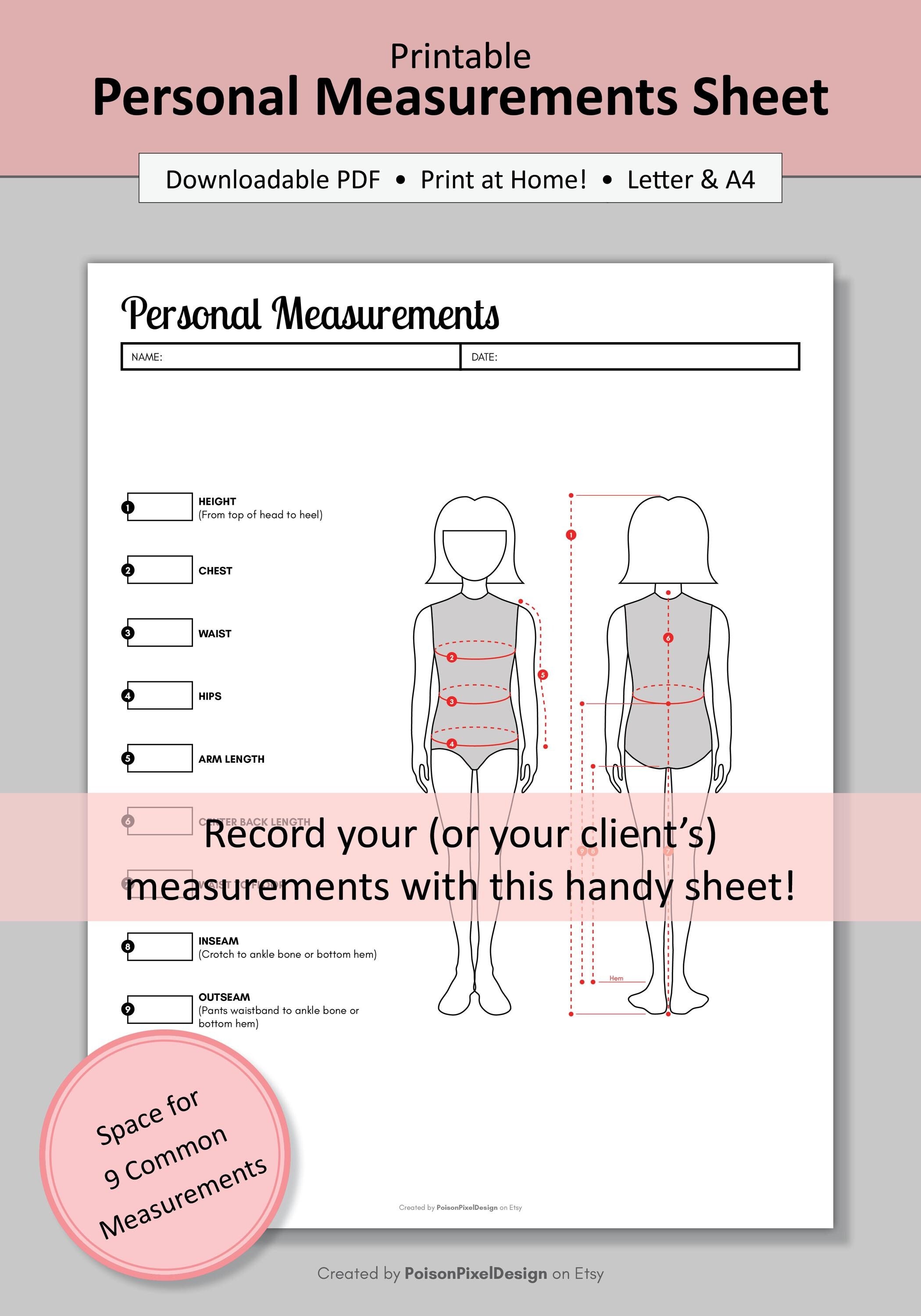 Printable Sewing Personal Measurements Sheet for Children, Girl | Body ...