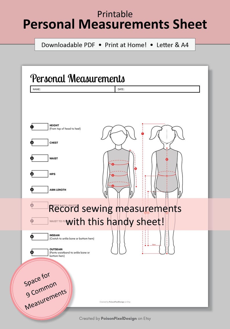 Printable Sewing Personal Measurements Sheet for Children, Girl W ...