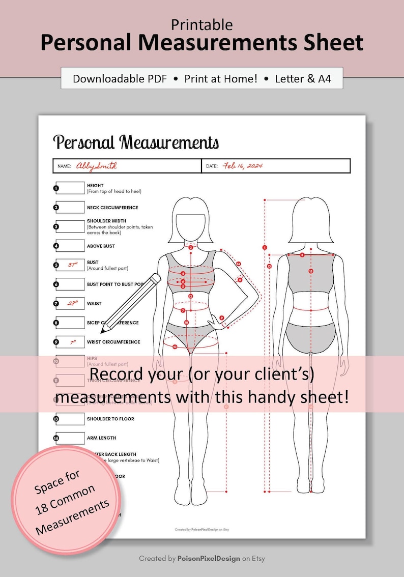 Printable Sewing Personal Measurements Sheet for Women | Body ...