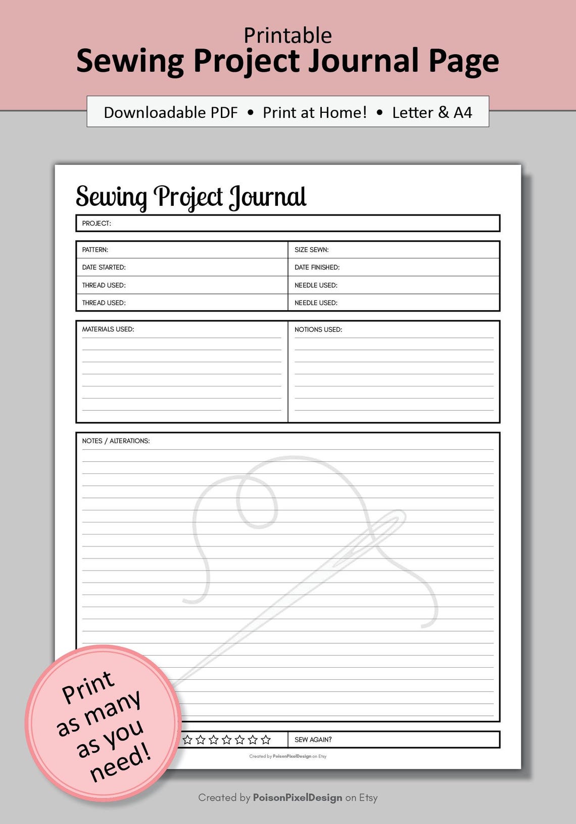 Printable Sewing Sheet: Project Journal Page, Project Tracker (digital ...