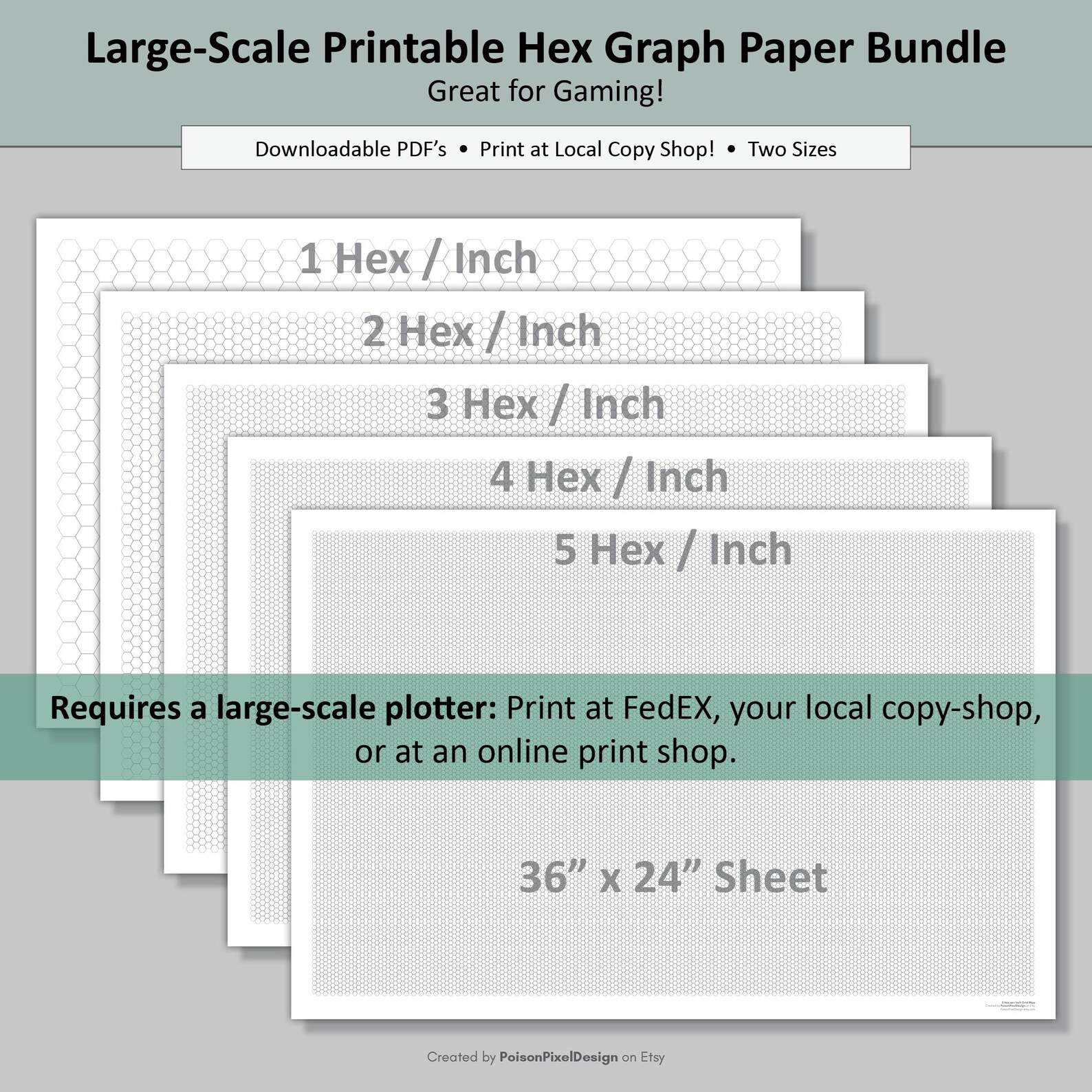 Printable HEXAGONAL Graph Paper BUNDLE: 5 Hex Sizes on 2 Paper Sizes ...