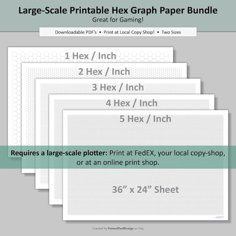 Printable HEXAGONAL Graph Paper BUNDLE: 5 Hex Sizes on 2 Paper Sizes ...