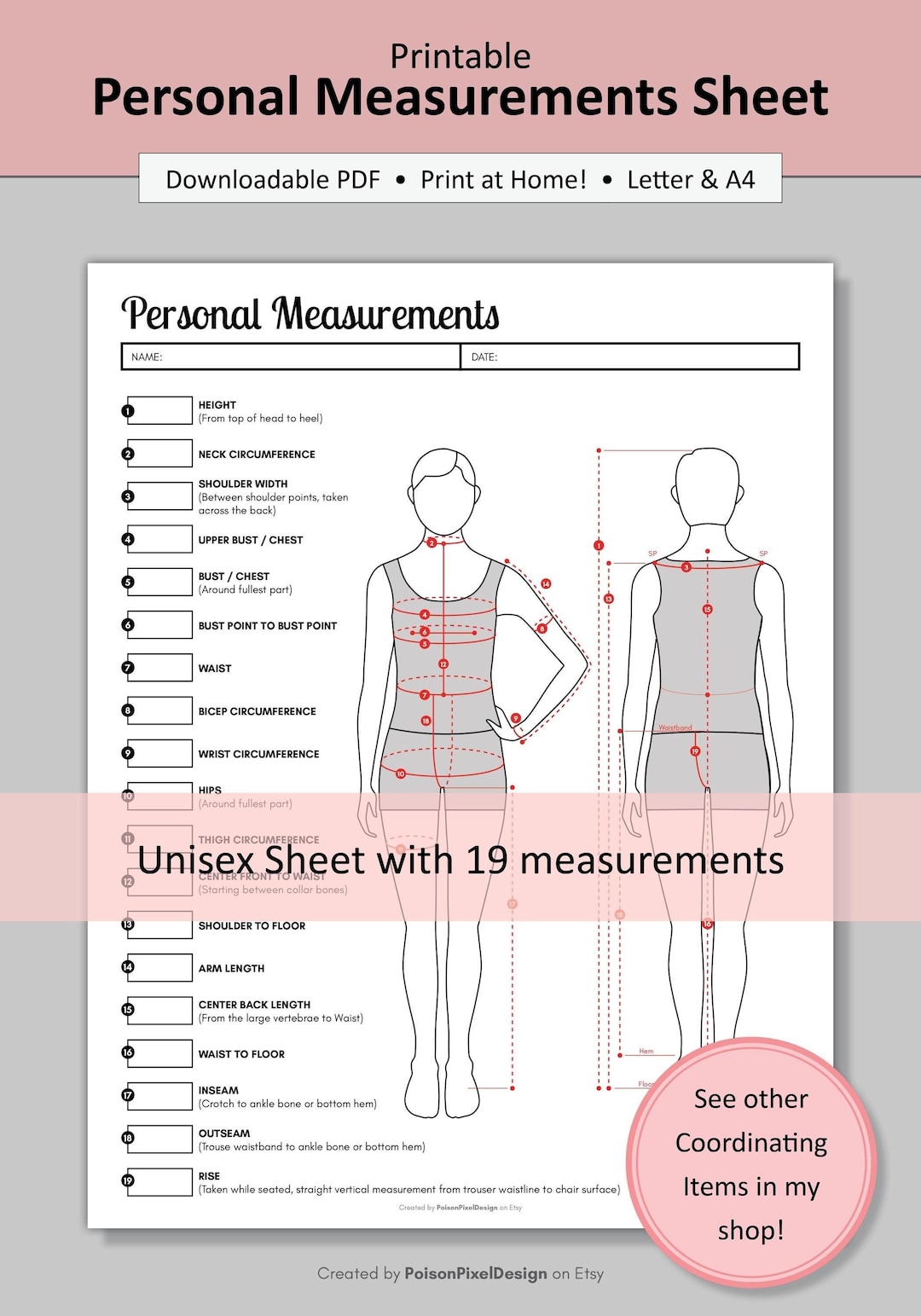 Printable Sewing Sheet: Unisex Personal Measurement Chart | Gender ...