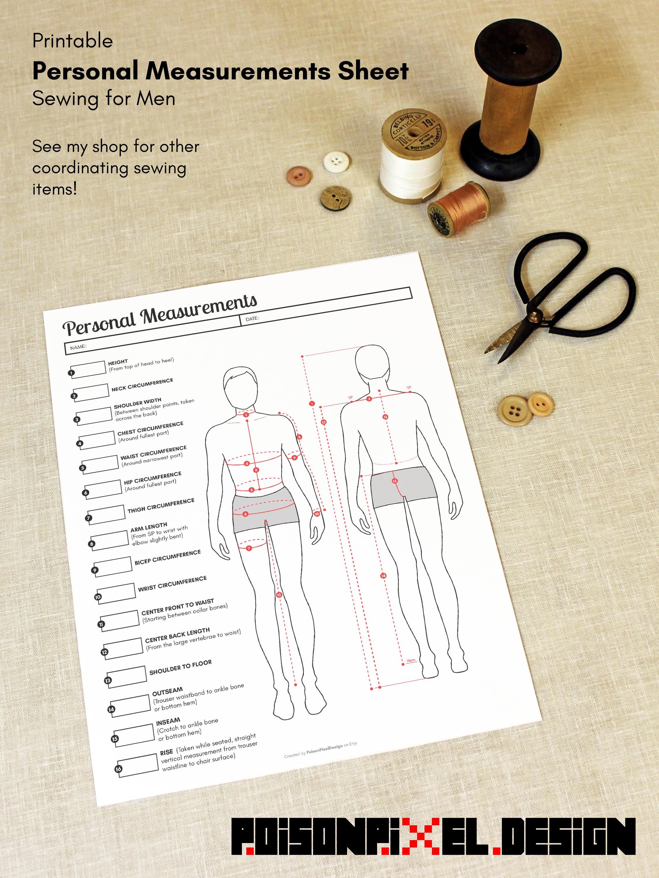 Printable Sewing Personal Measurements Sheet for Men | Body Measurement ...