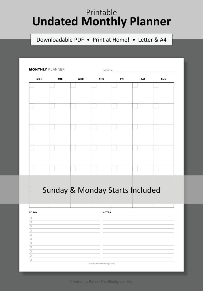 Printable Undated Monthly Planner | Blank Monthly Calendar | Monthly to ...