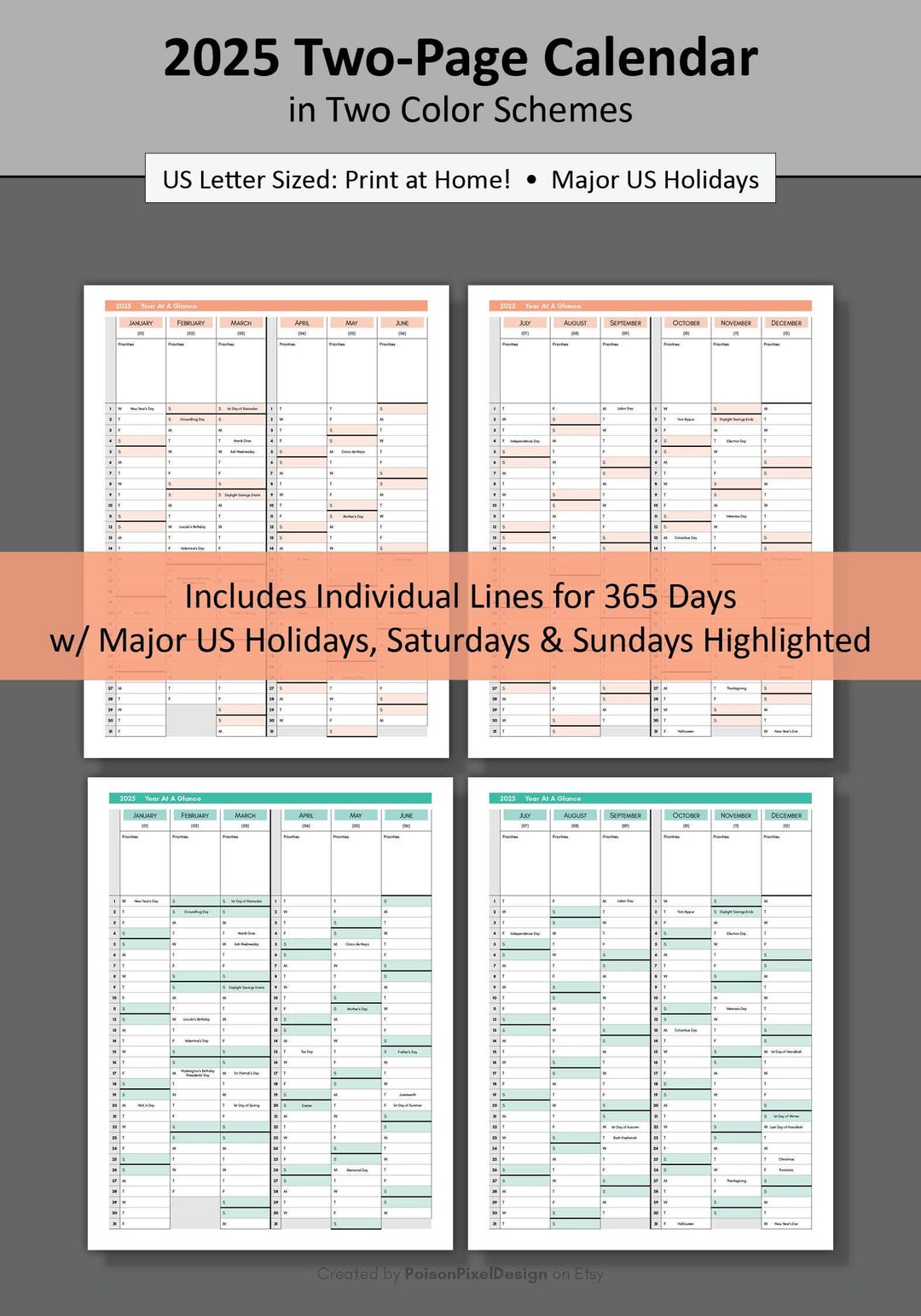 Printable 2025 2-page Yearly Calendar / Planner | Condensed Calendar on ...