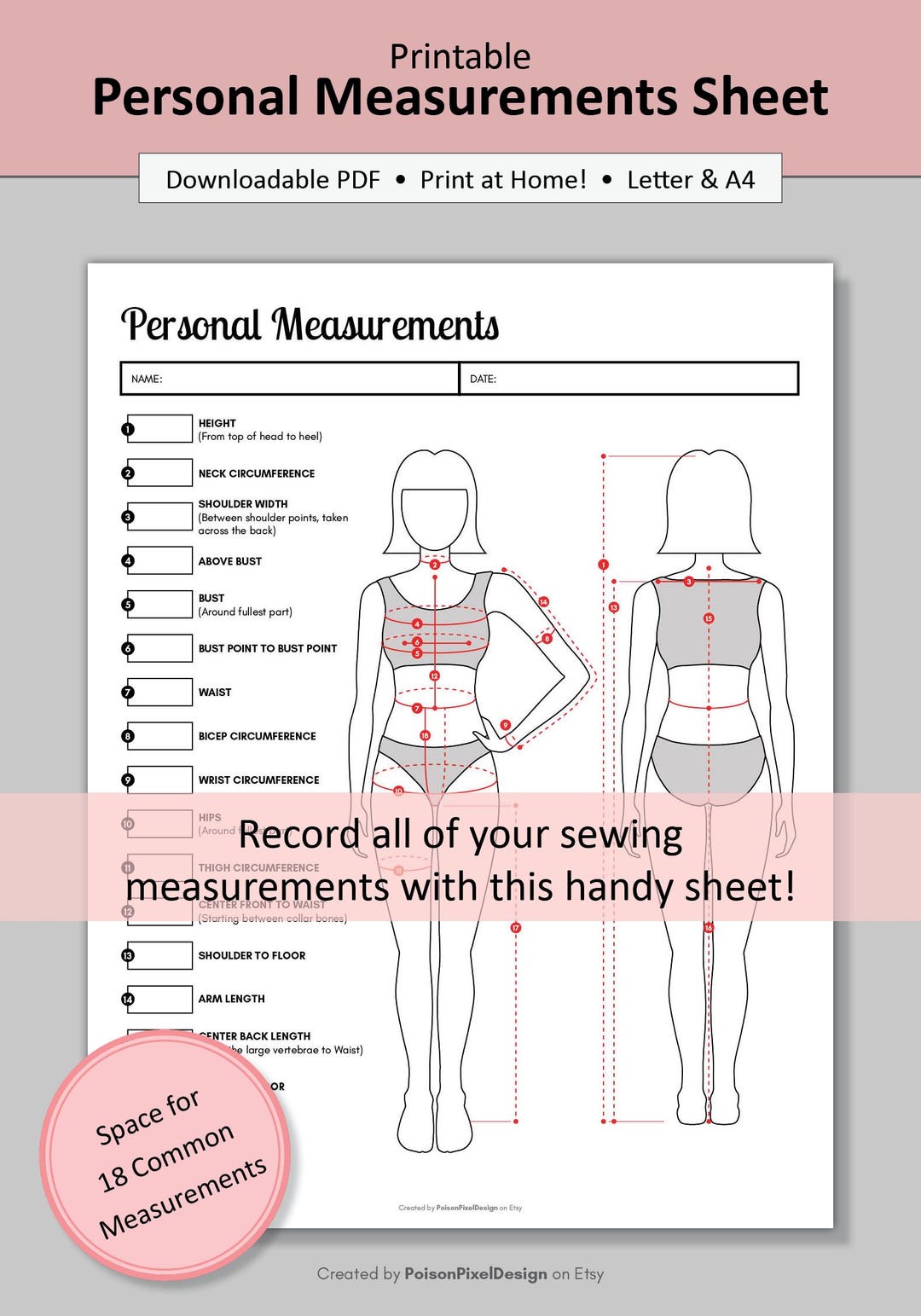 Printable Sewing Sheet: Women's Measurement Chart (digital PDF Download ...