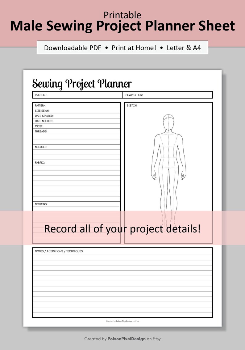 Printable Sewing Personal Measurements + Project Planner Sheet BUNDLE ...