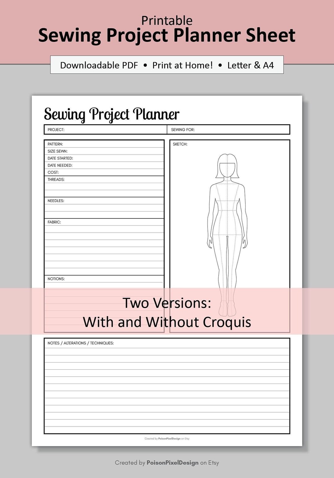 Printable Sewing Project Planner Page | Sewing Croquis | Sewing Idea ...