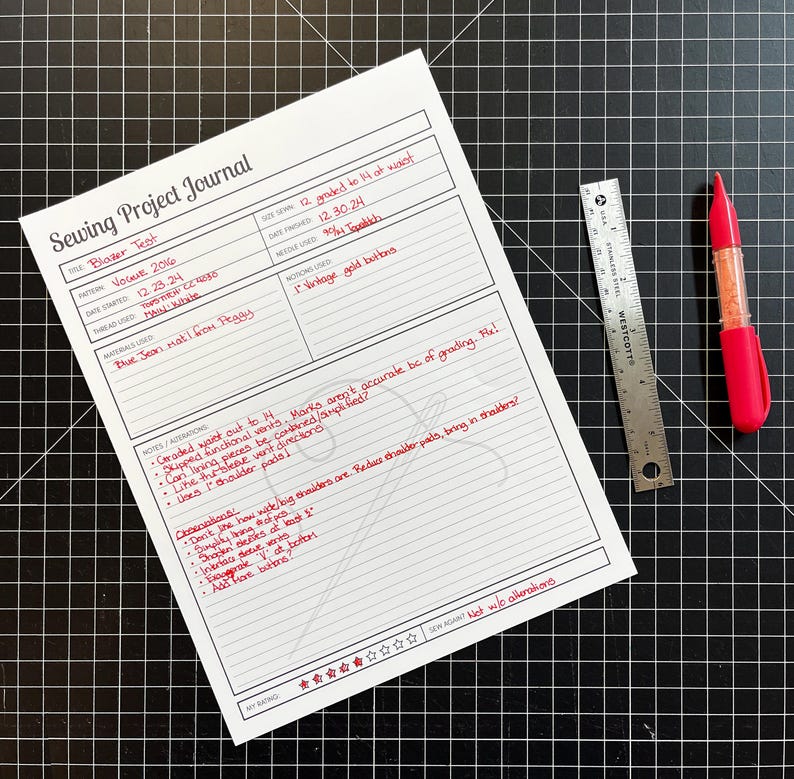 Printable Sewing Sheet: Project Journal Page, Project Tracker (digital ...