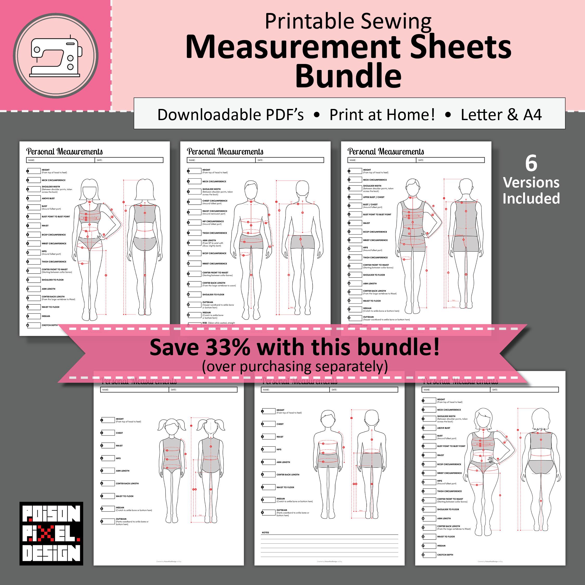 Printable Sewing BUNDLE: Personal Measurements Sheets, 6 Pages Included ...