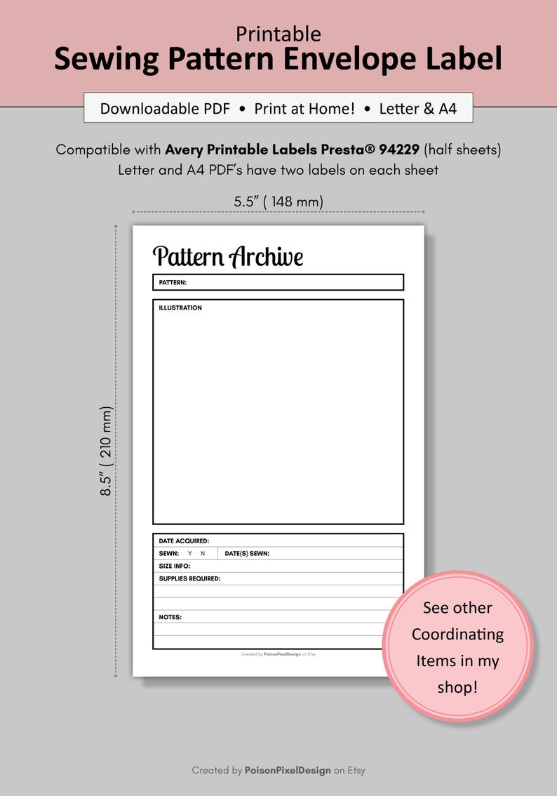 Printable Sewing Pattern Archive Envelope Labels | Sewing Pattern ...