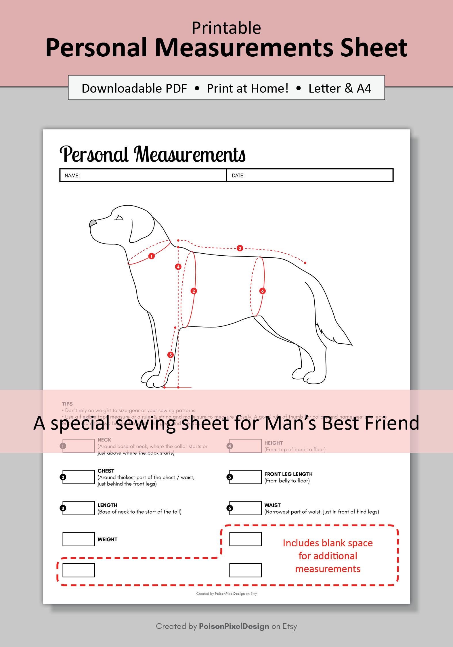 Printable Sewing Personal Measurements Sheet for Dogs | Body ...