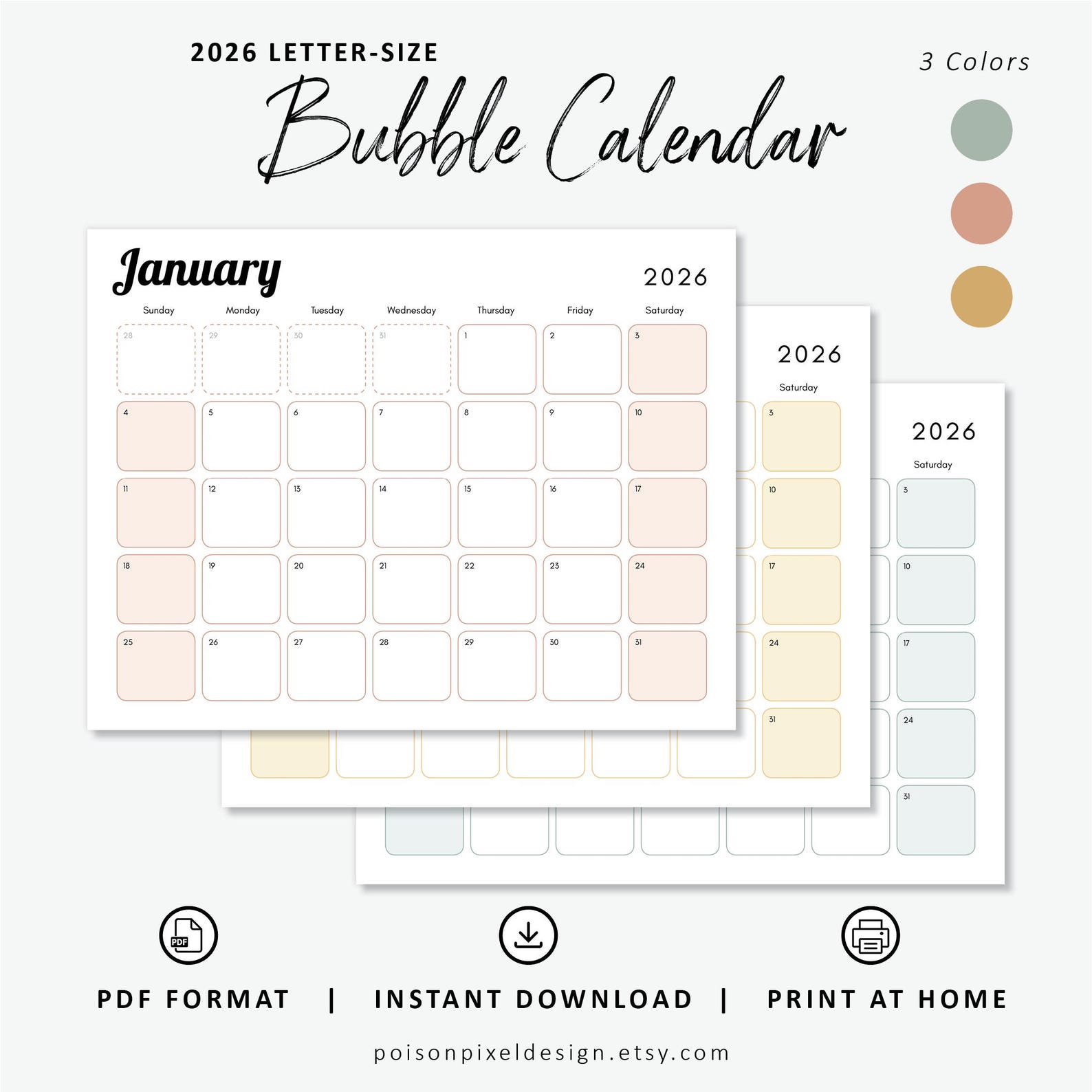 2026 Printable Bubble Calendar in 3 Colors, Letter-sized | Digital PDF ...