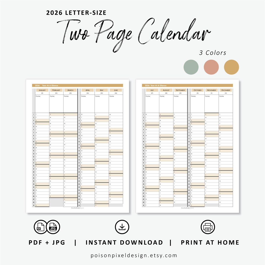 2026 Printable Letter-sized 2-page Yearly Calendar in 3 Colors ...
