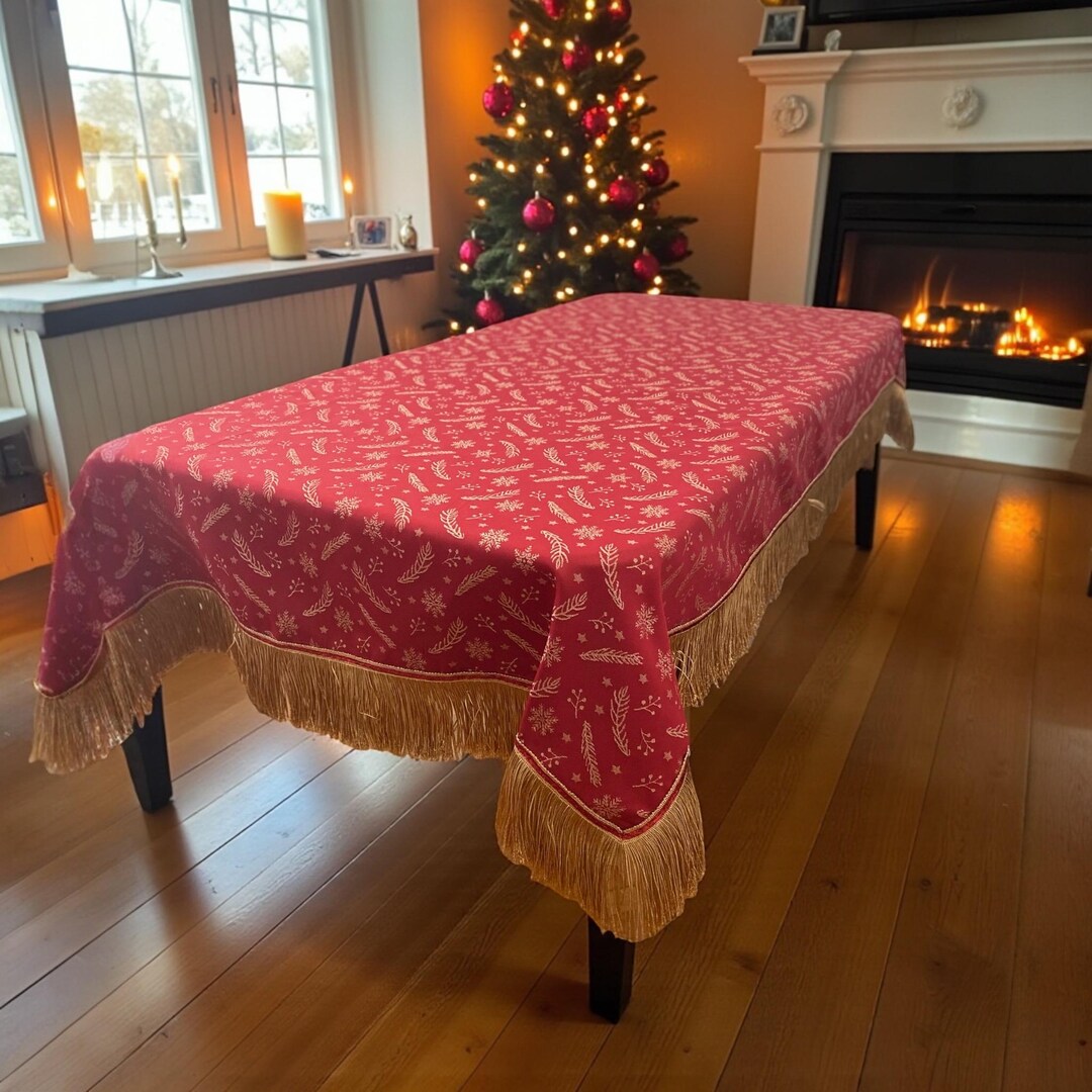 Personalized Red Holiday Table Runner - Gold Embroidery & Fringe Design ...