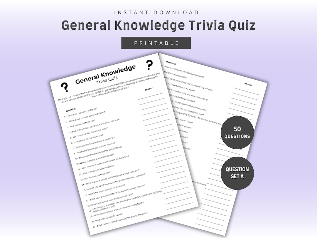 General Knowledge Quiz | Fun Printable Quiz PDF | 50 Questions ...