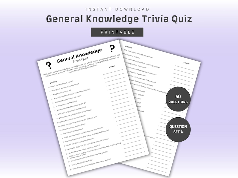 General Knowledge Quiz | Fun Printable Quiz PDF | 50 Questions ...