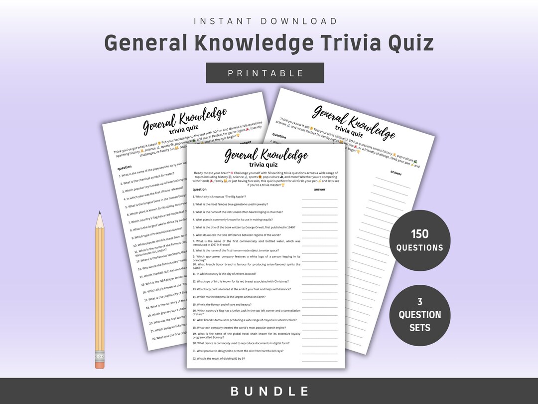 General Knowledge Trivia Quiz Bundle | Fun Printable Game | 150 ...