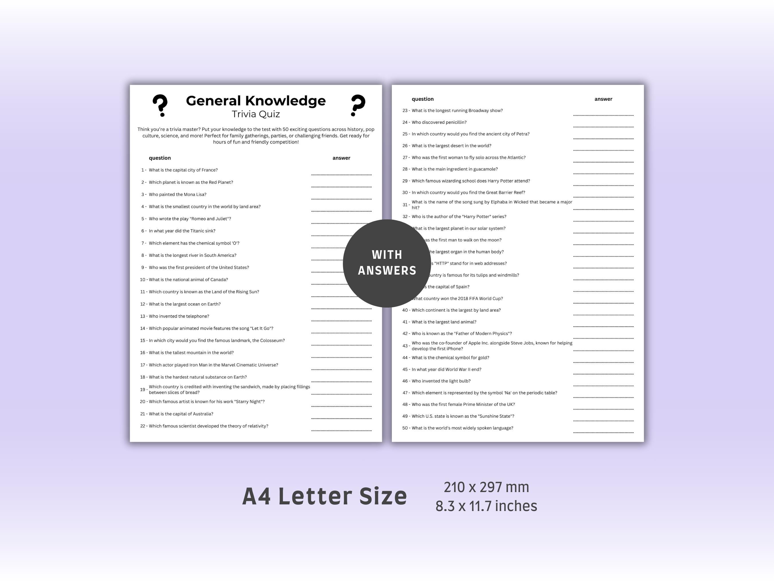 General Knowledge Quiz | Fun Printable Quiz PDF | 50 Questions ...