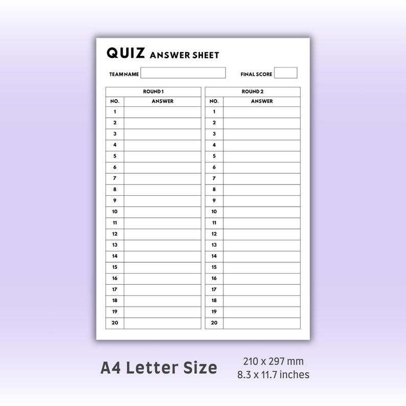 Quiz Answer Sheet Trivia Answer Sheet Printable Answer Sheet for 2 ...