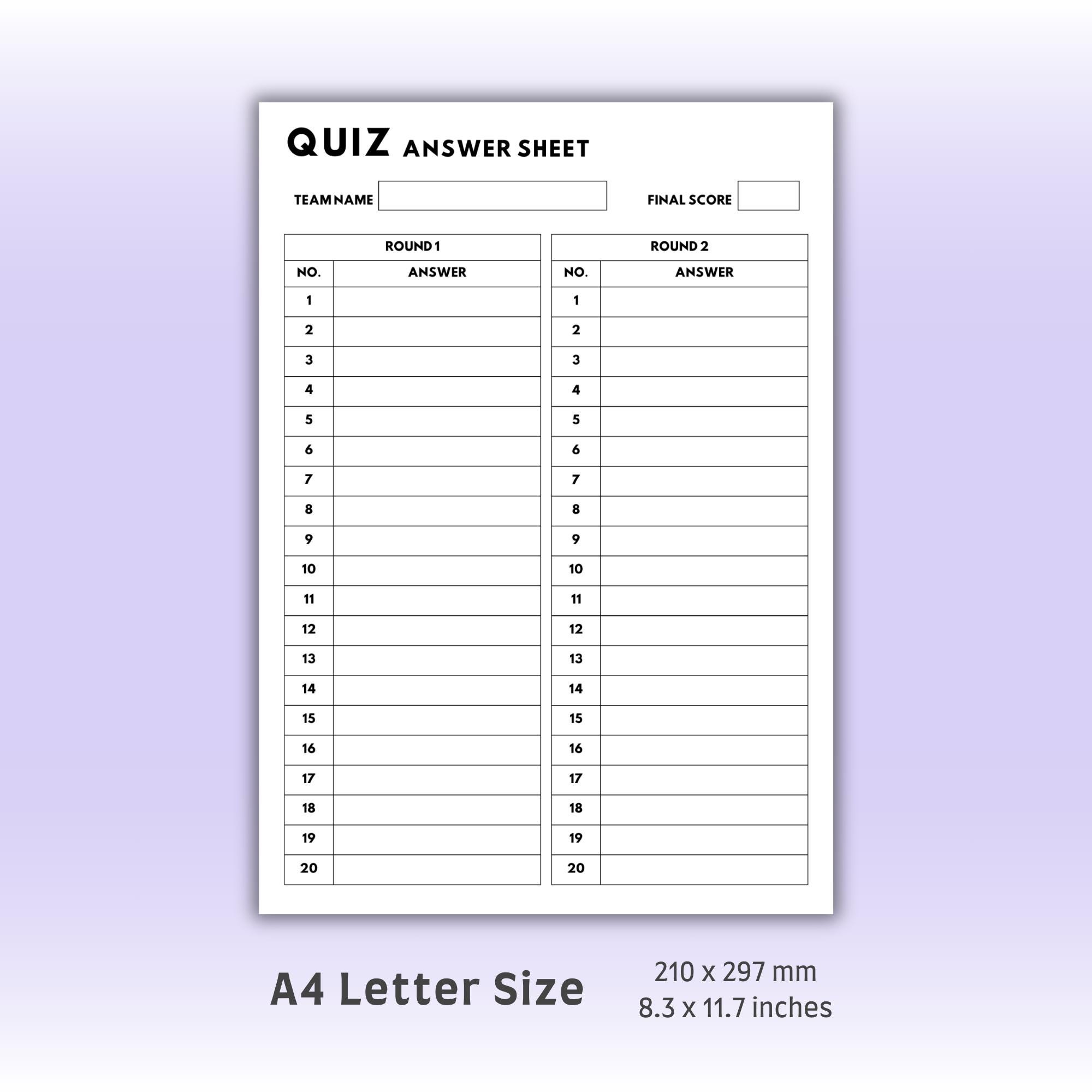 Quiz Answer Sheet Trivia Answer Sheet Printable Answer Sheet for 2 ...