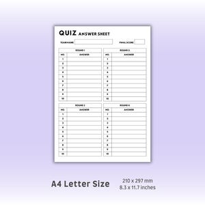 Trivia Quiz Answer Sheet | 4 Rounds 10 Questions With Team Name & Final ...