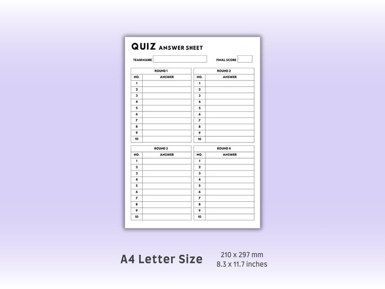 Trivia Quiz Answer Sheet | 4 Rounds 10 Questions With Team Name & Final ...