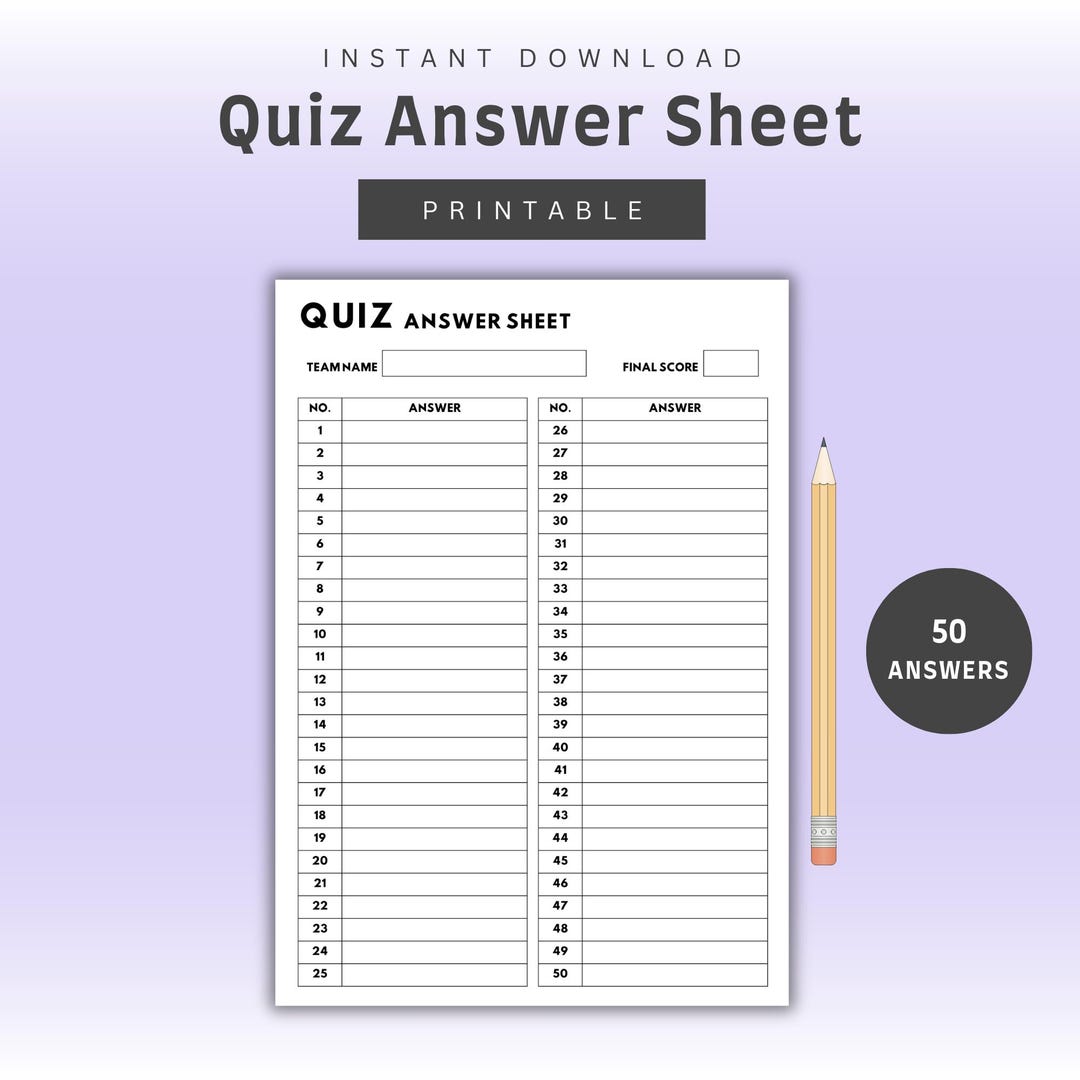 Quiz Answer Sheet Trivia Answer Sheet Printable Answer Sheet 50 ...