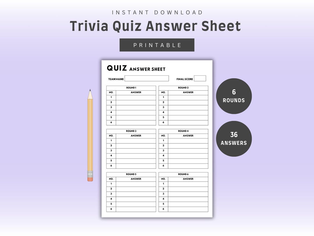 Trivia Quiz Answer Sheet | 6 Rounds 6 Questions With Team Name & Final ...