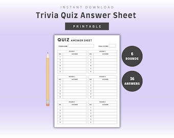 Trivia Quiz Answer Sheet | 4 Rounds 10 Questions With Team Name & Final ...