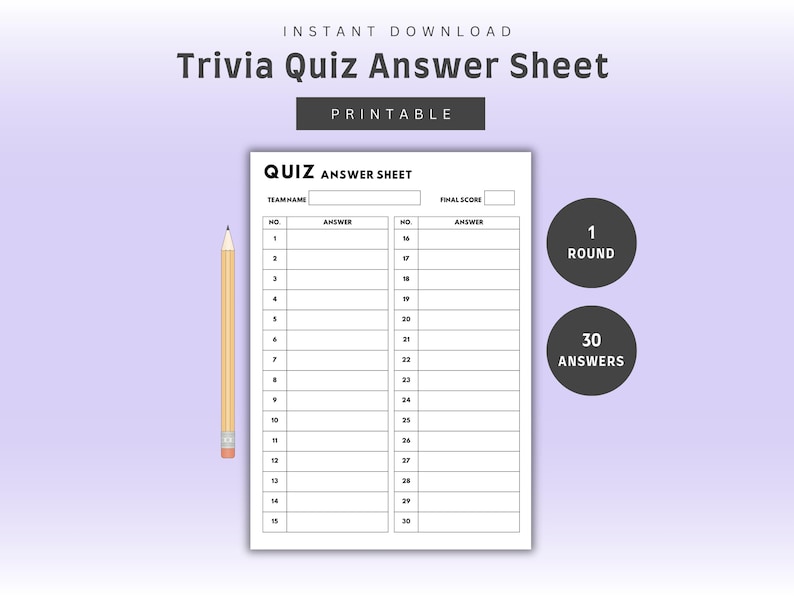 Trivia Quiz Answer Sheet | 1 Round of 30 Questions With Team Name ...