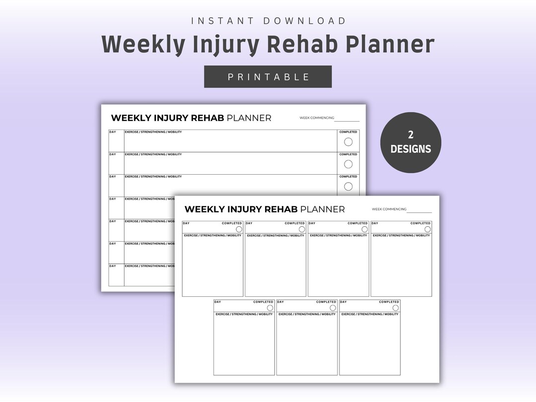 Weekly Injury Rehab Planner | Exercise Strength Mobility Tracker | 7 ...