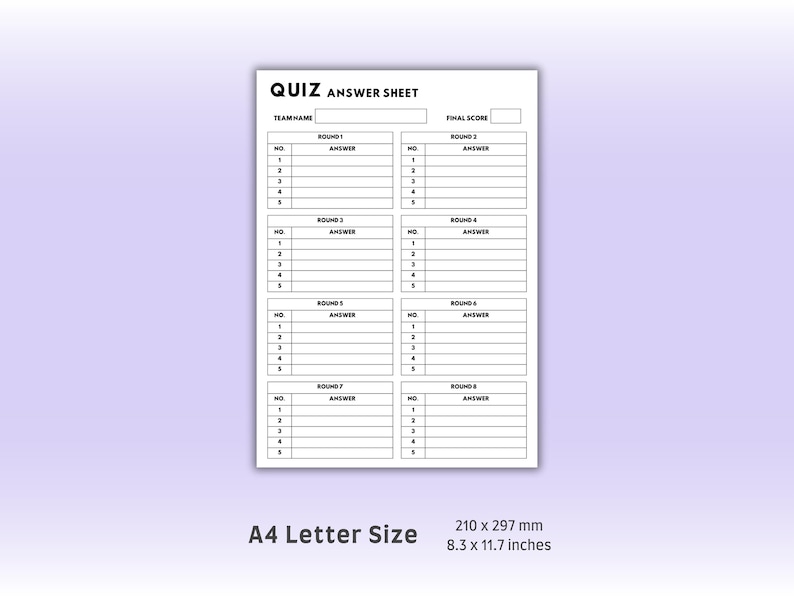 Trivia Quiz Answer Sheet | 8 Rounds 5 Questions With Team Name & Final ...