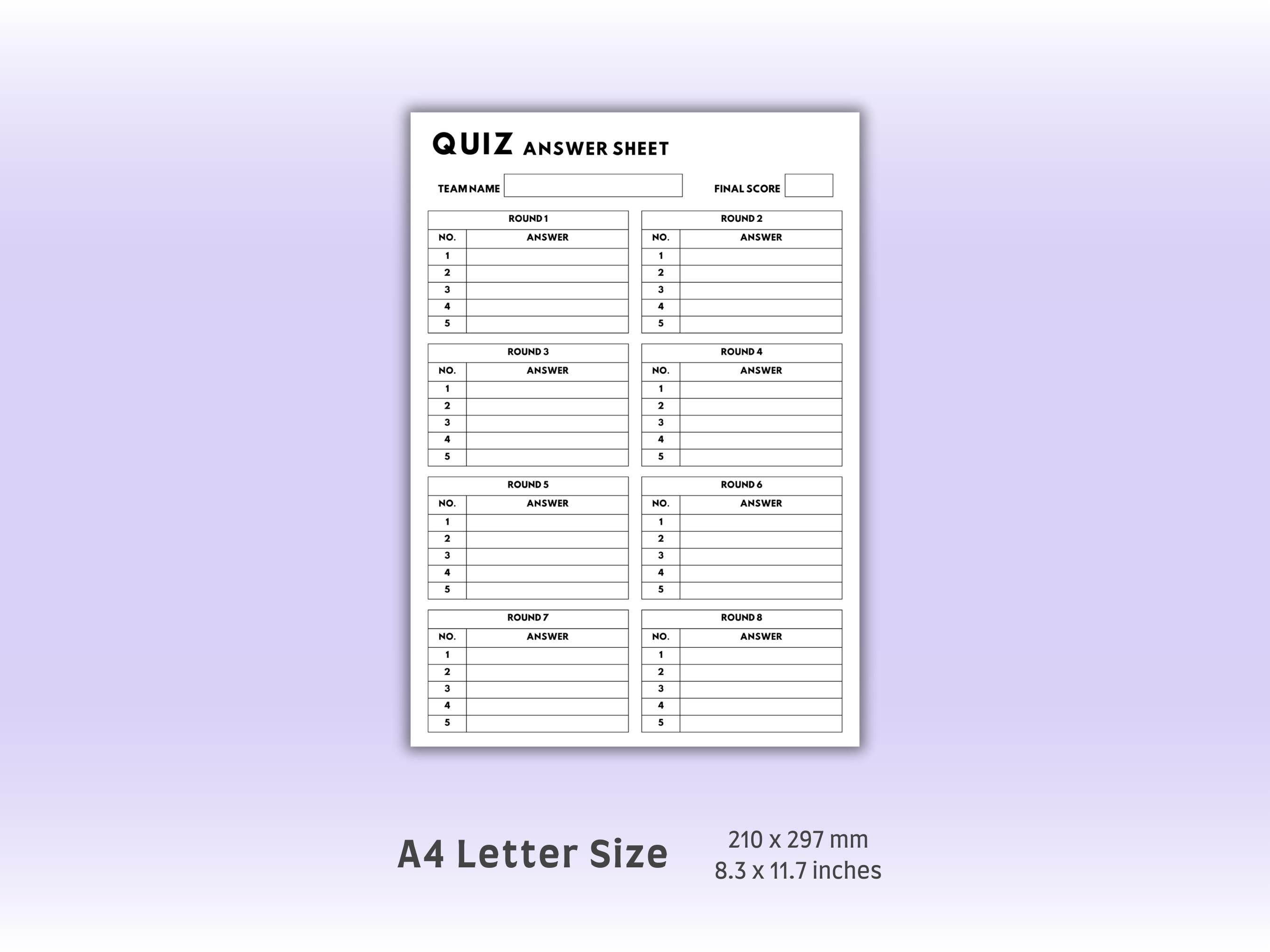 Trivia Quiz Answer Sheet | 8 Rounds 5 Questions With Team Name & Final ...