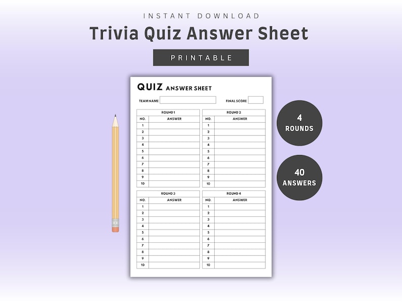 Trivia Quiz Answer Sheet | 4 Rounds 10 Questions With Team Name & Final ...