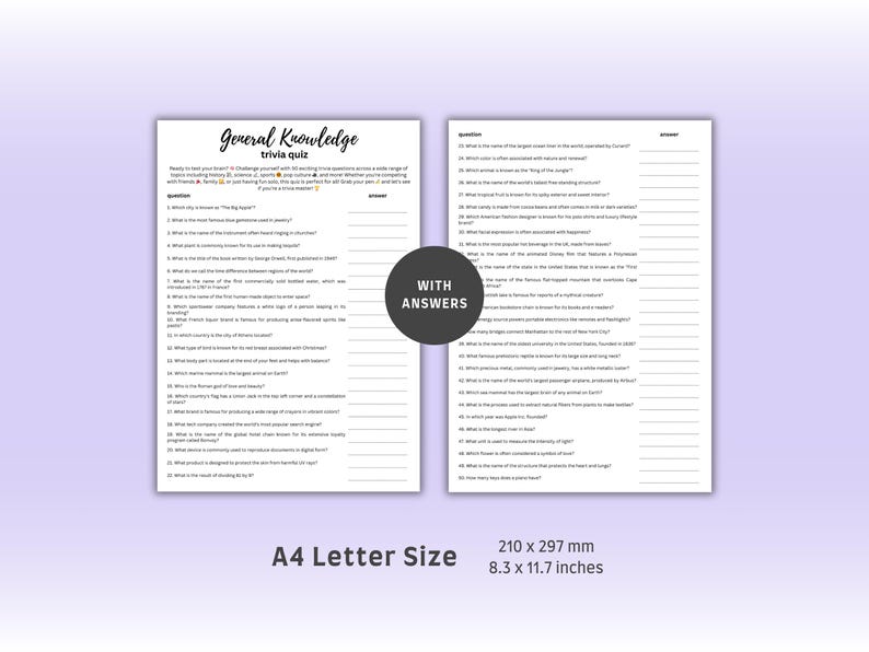 General Knowledge Trivia Quiz | Fun Printable Game | 50 Questions ...