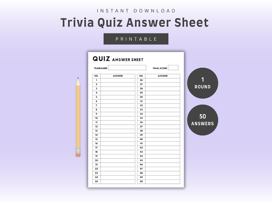 Trivia Quiz Answer Sheet | 1 Round of 50 Questions With Team Name ...
