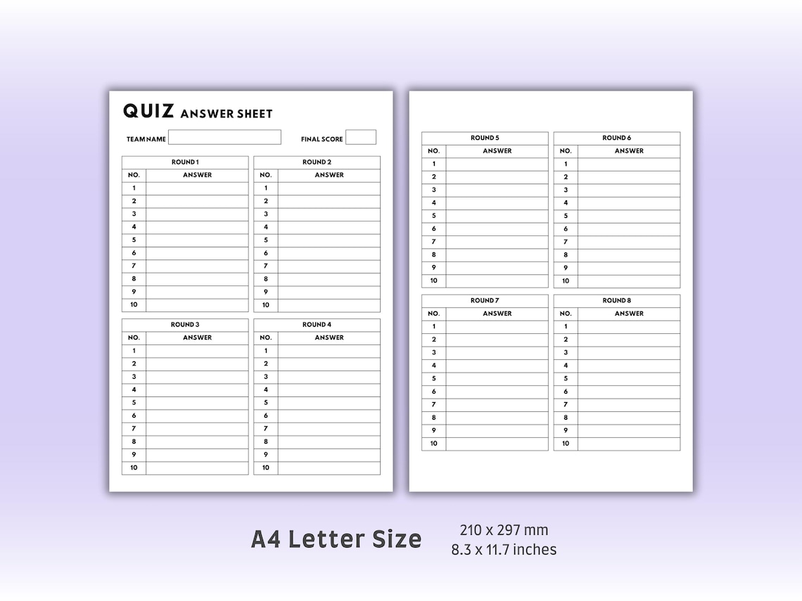 Trivia Quiz Answer Sheet | 8 Rounds 10 Questions With Team Name & Final ...