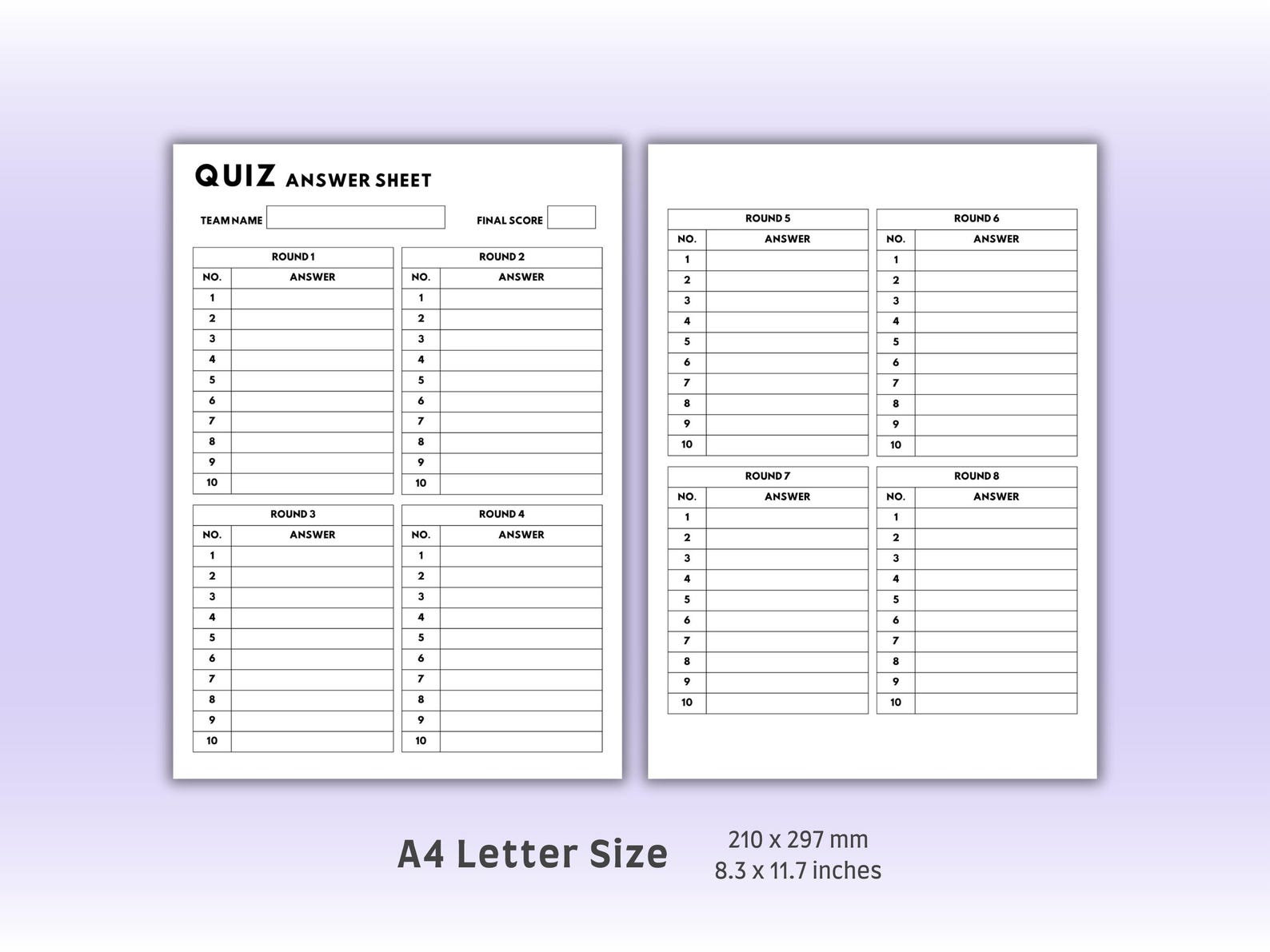 Trivia Quiz Answer Sheet | 8 Rounds 10 Questions With Team Name & Final ...